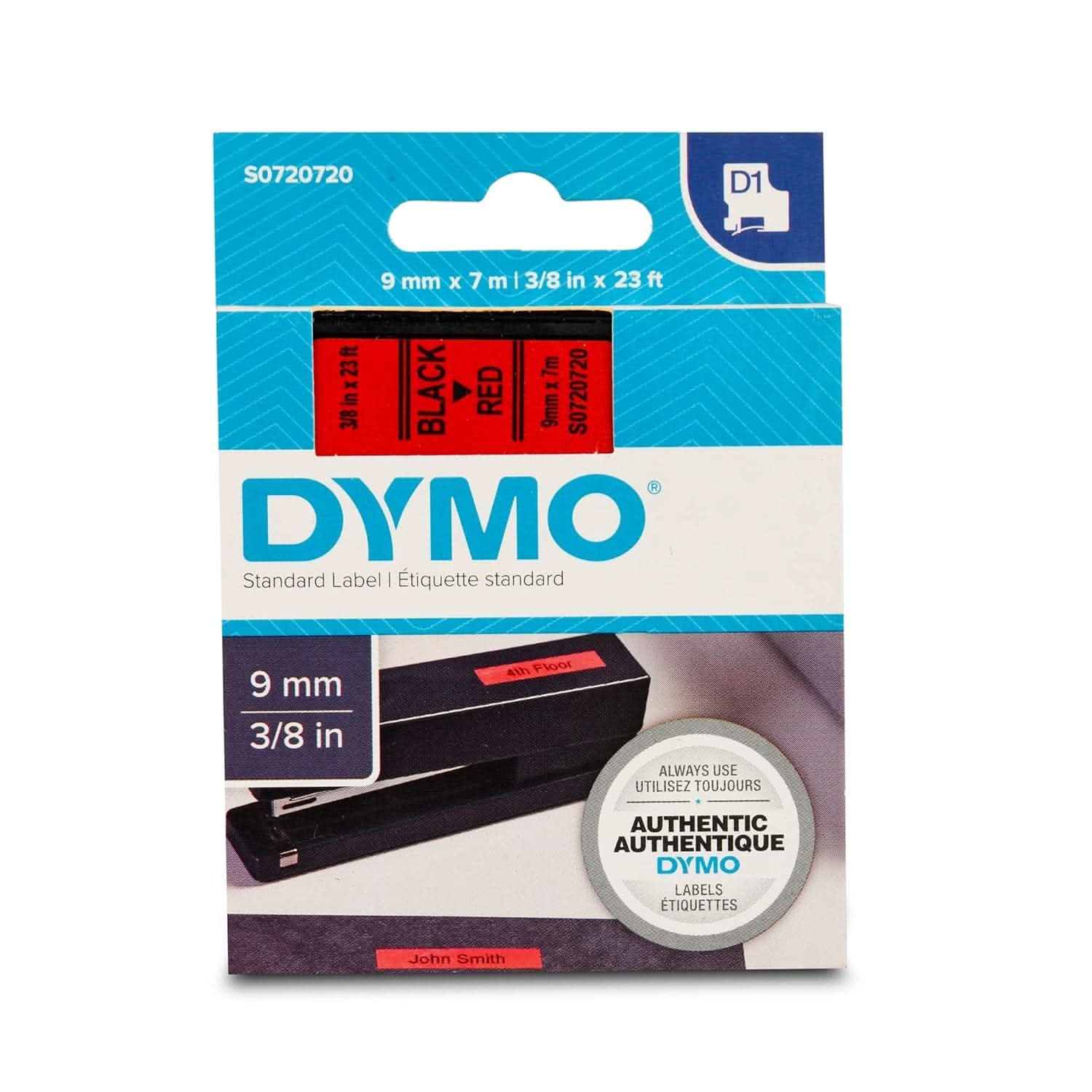 DYMO AUTHENTIC D1 LABELS, 9MM X 7M ROLL, BLACK PRINT ON RED TAPE, SELF ...