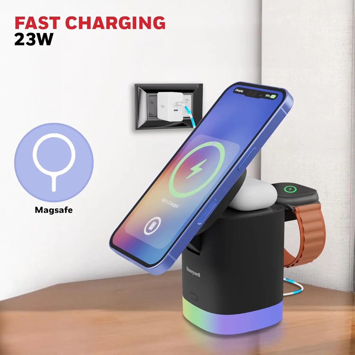 Honeywell Zest Wireless Cube 3-in-1 MagSafe Compatible 23W Magnetic Wi