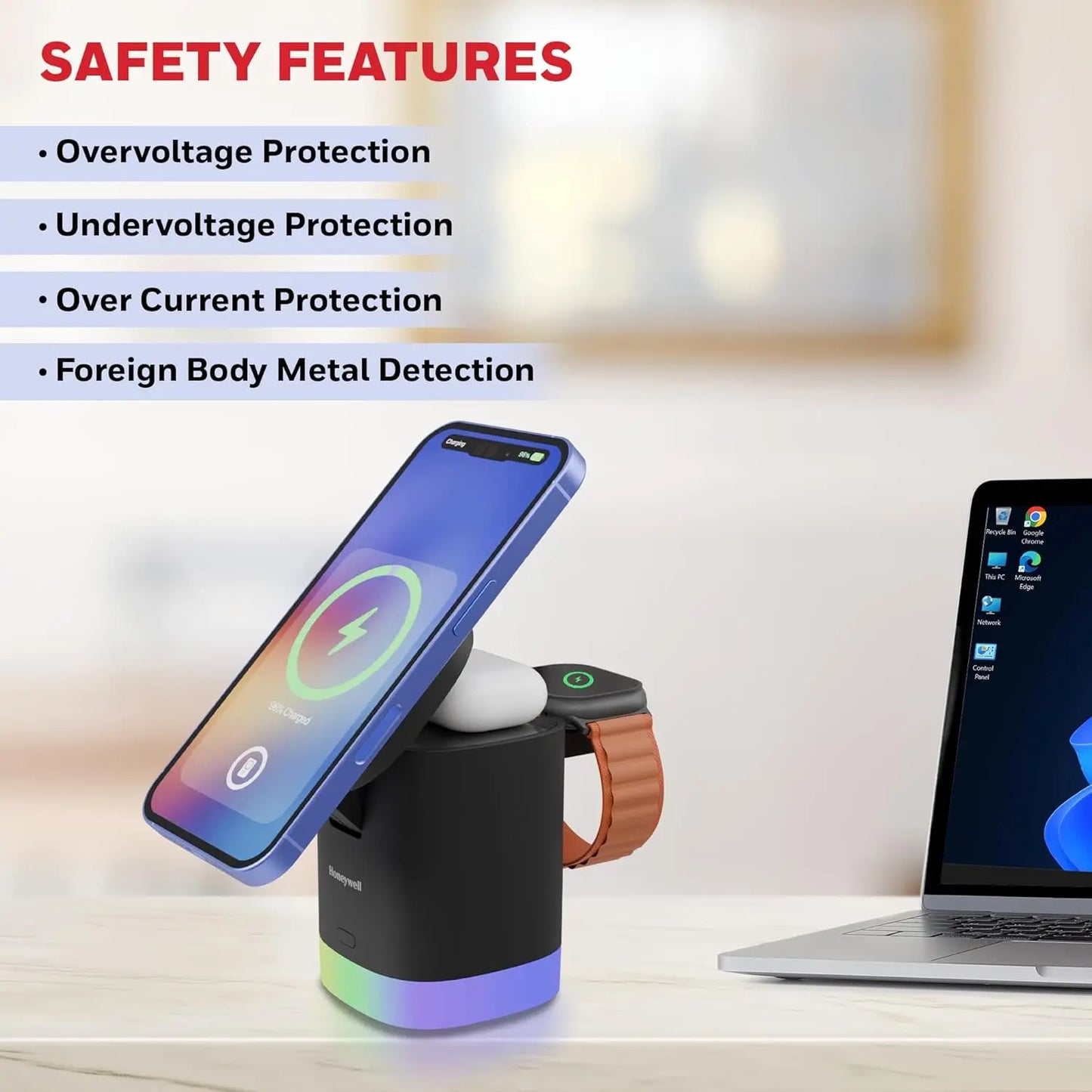Honeywell Zest Wireless Cube 3-in-1 MagSafe Compatible 23W Magnetic Wi